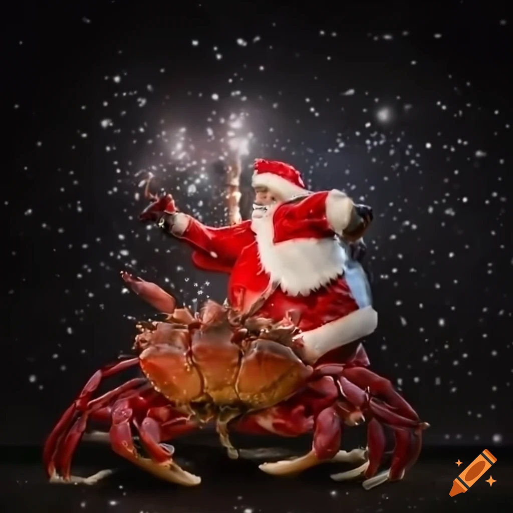 Hyperrealistic depiction of Santa riding a giant crab on Craiyon