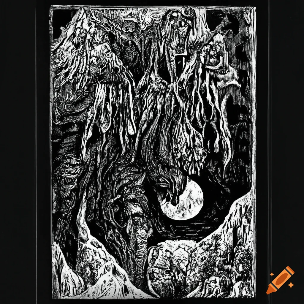 Woodcut depiction of a cavernous chasm
