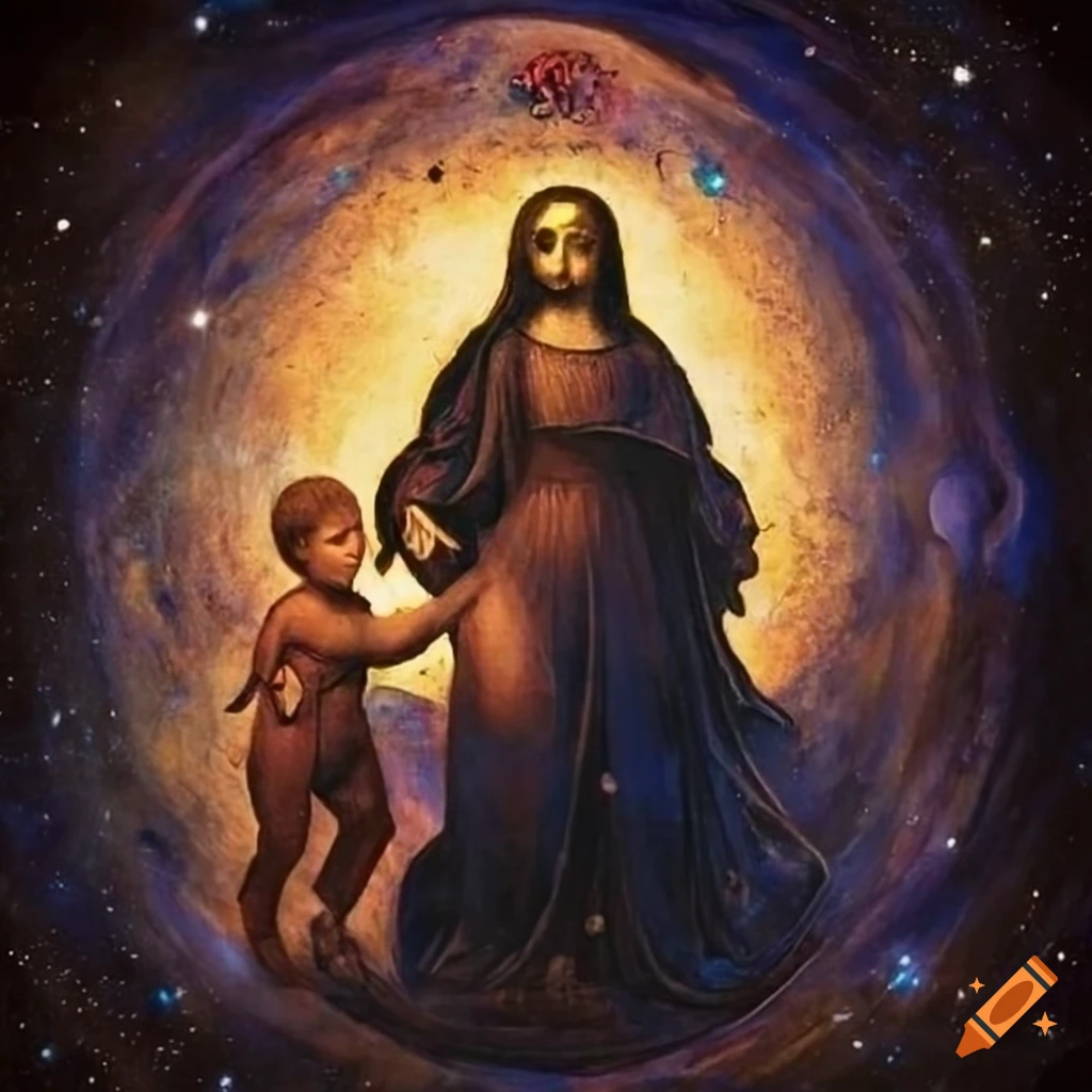 Dark cosmic art of the virgin mary and baby christ