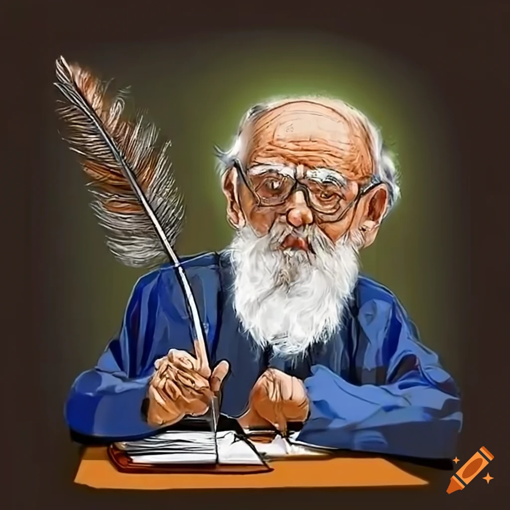 Transparent image of an elderly man writing with a quill pen