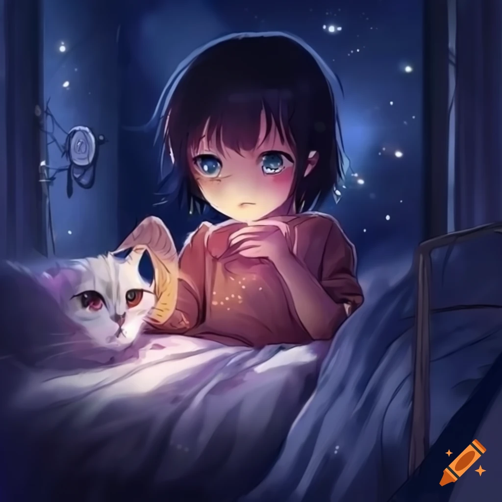 Anime artwork of kids with cats at night