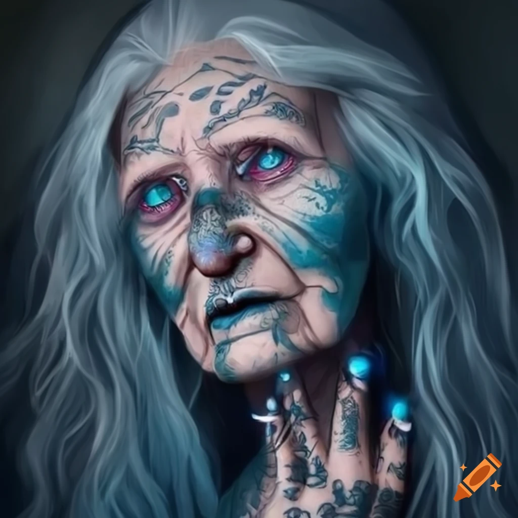 Image of a blue-skinned witch with tattoos and gray hair on Craiyon