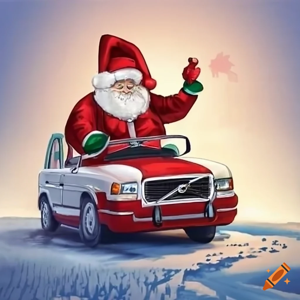 Santa driving a vintage volvo 140