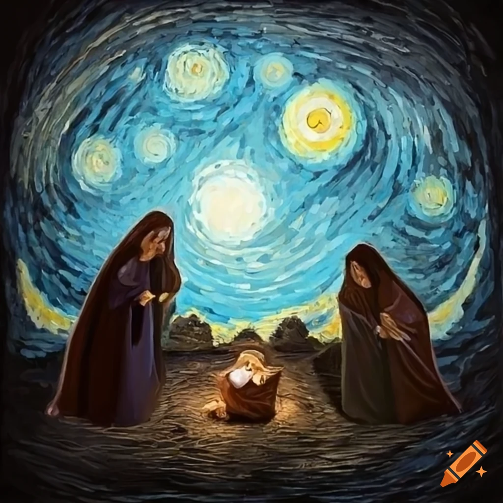 Nativity scene in the style of van gogh's starry night painting on Craiyon