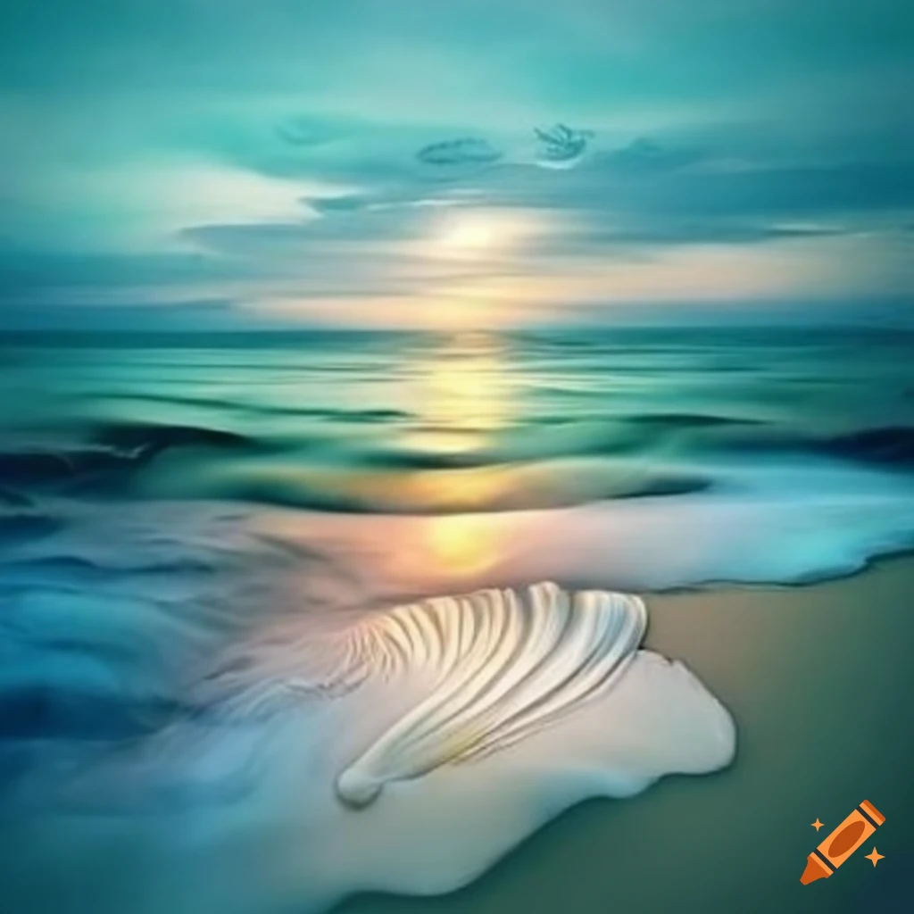 Surreal beach with shells, waves, and flowers