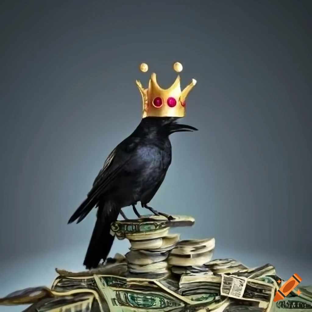 Image of a crow wearing a crown sitting on money