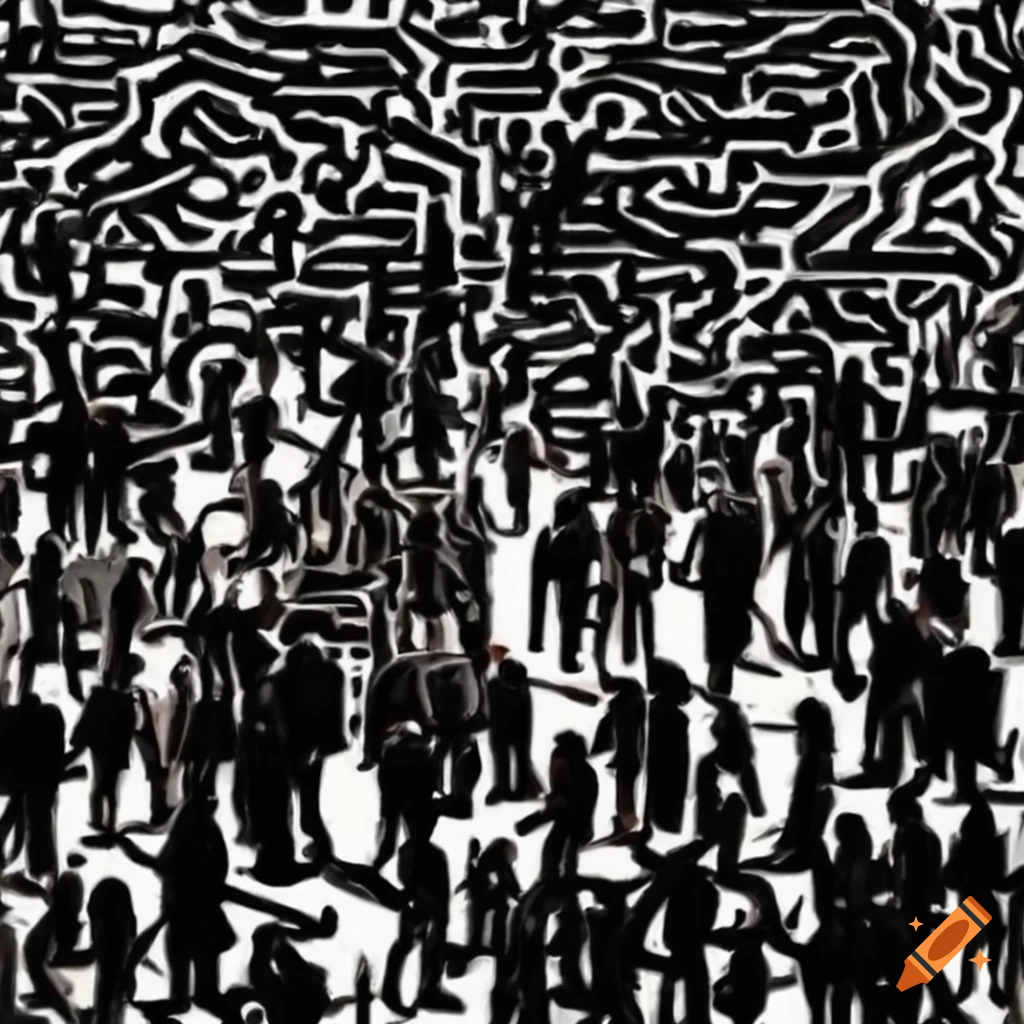 Abstract mosaic painting of a crowd in a maze
