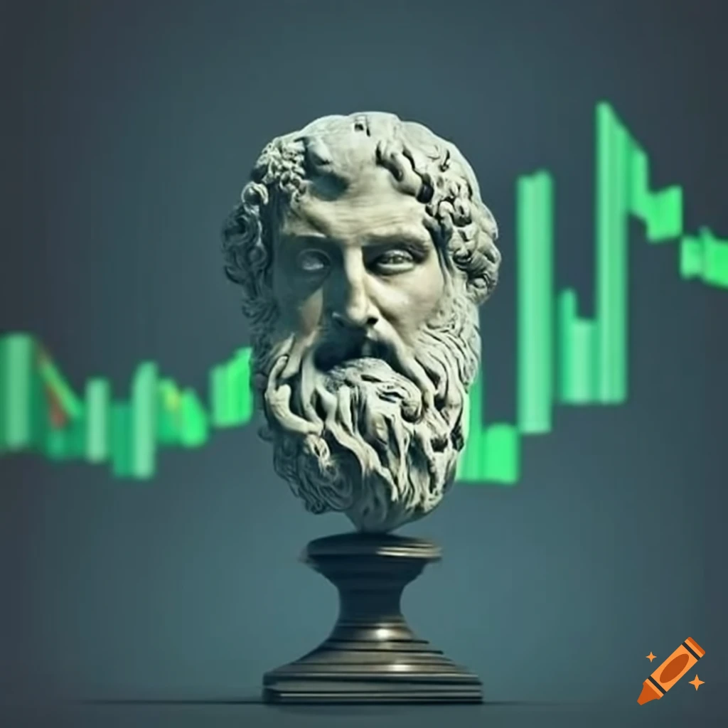 Portrait of an old greek philosopher with trading charts behind on Craiyon