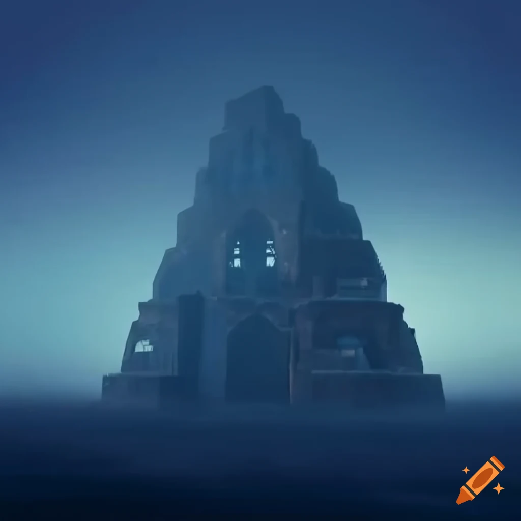 Mysterious alien stone building in the dark mist