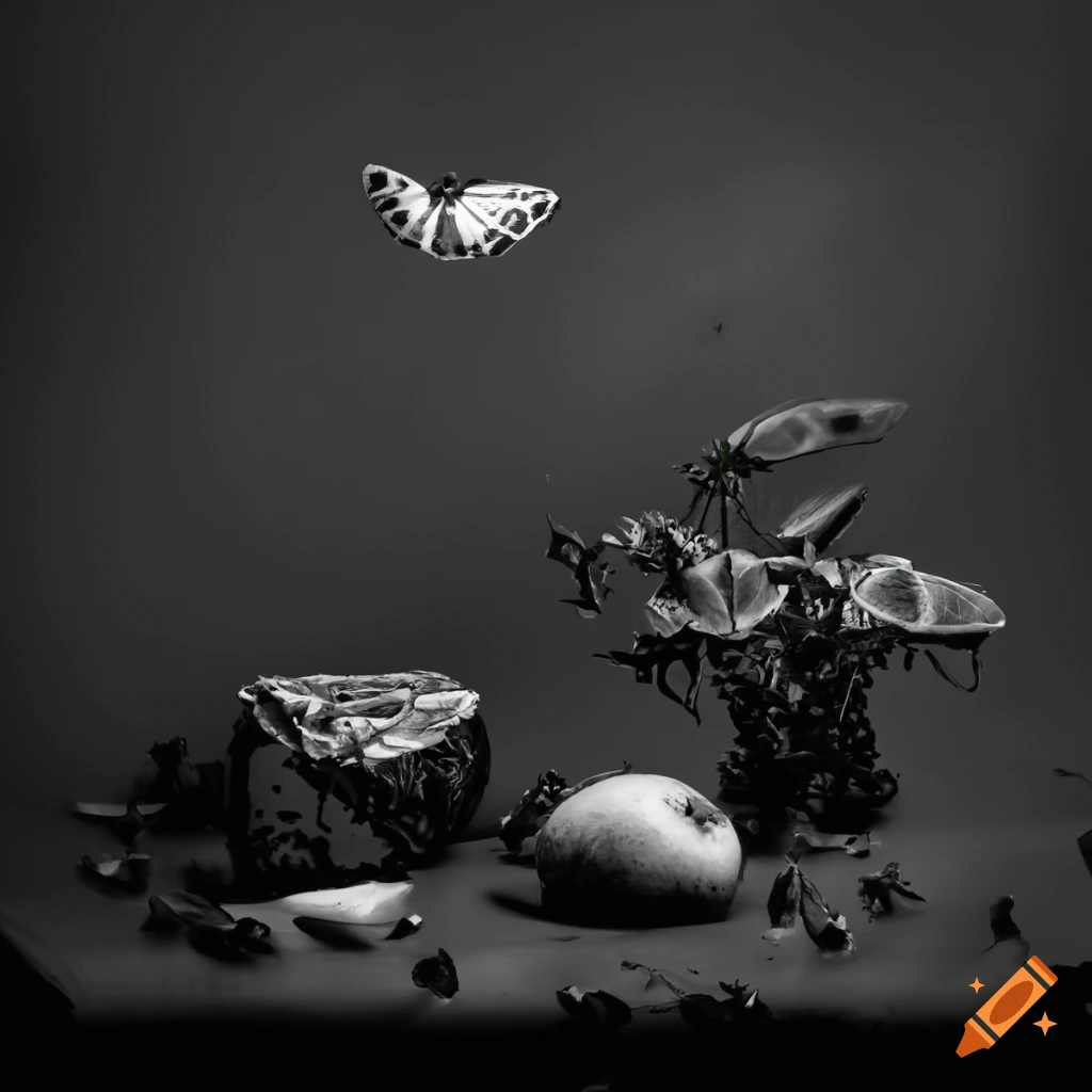 Surreal still life with merged insects, fruits, and disarticulated ...