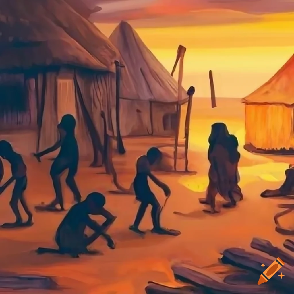 Acrylic illustration of primitive hominids gathering supplies