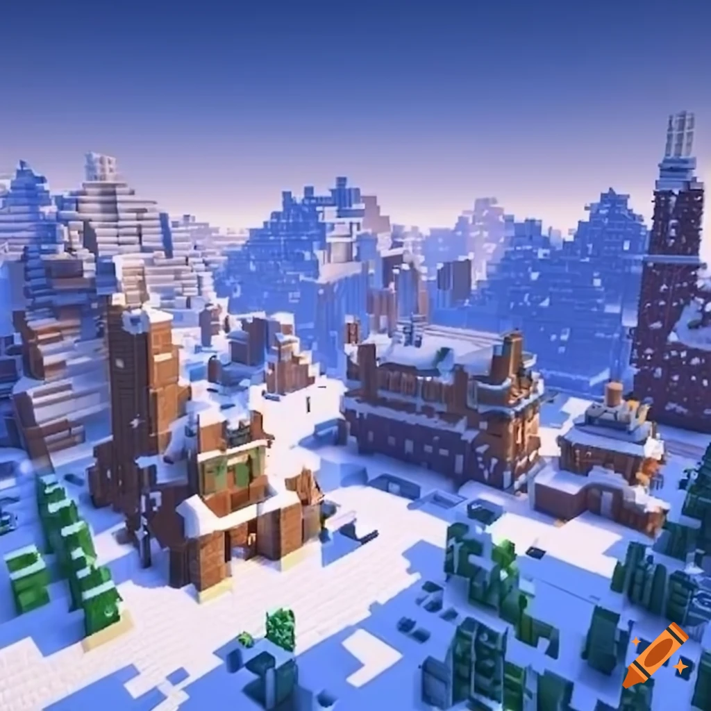 Minecraft snowy marketplace with skyscrapers