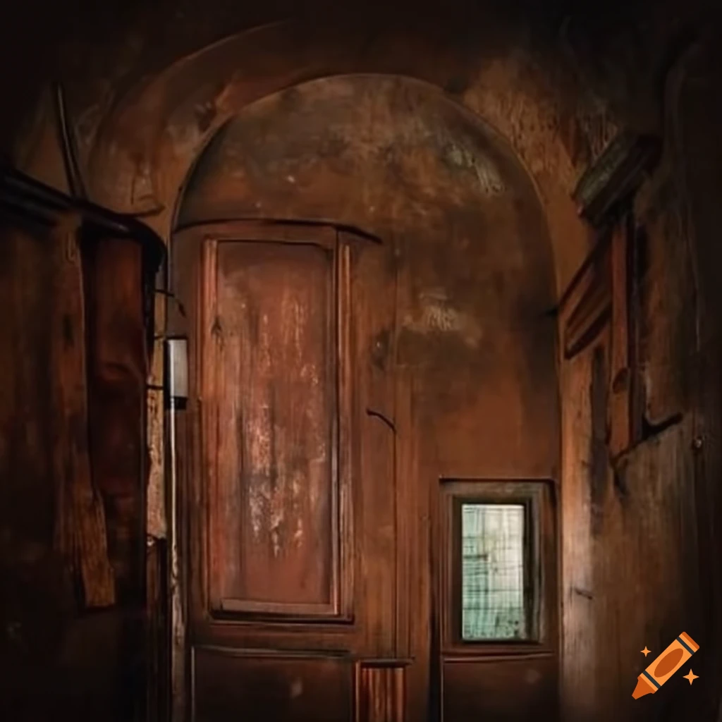 Artistic depiction of rusted metal house with many windows