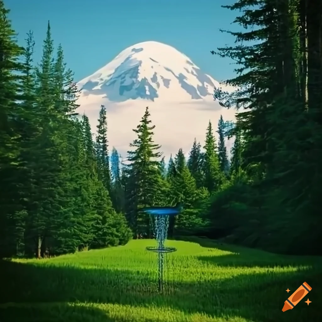 Disc golf basket in a forest with mount rainier in background