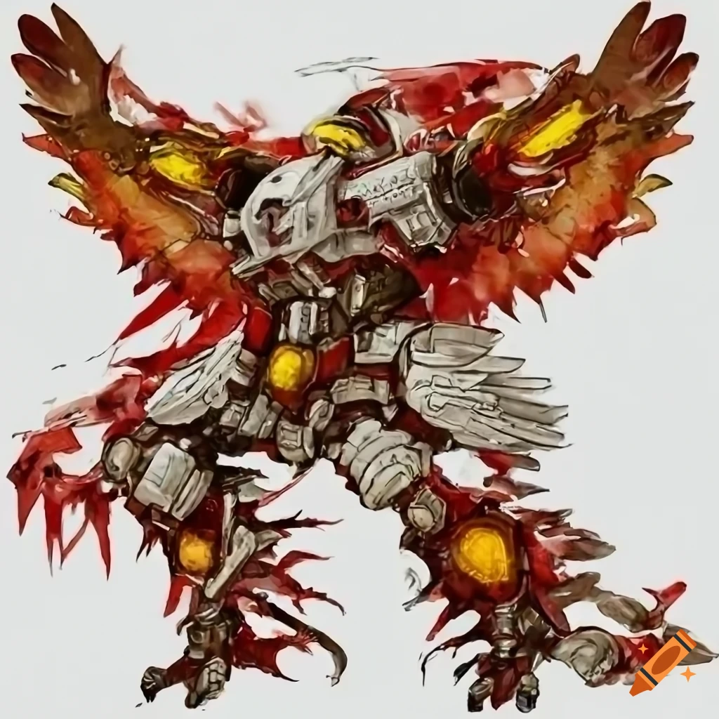 Red and yellow mecha eagle character for fighting game on Craiyon