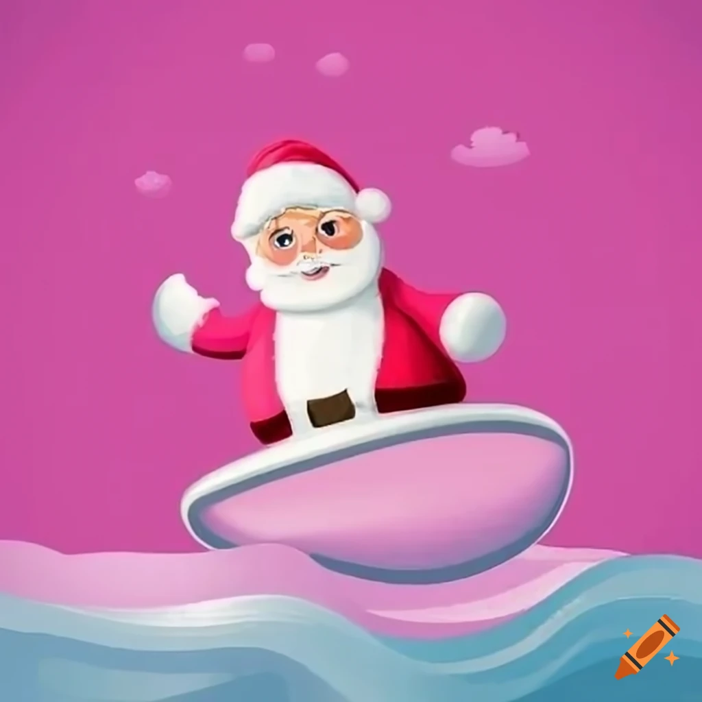 Santa claus riding a surfboard in pink