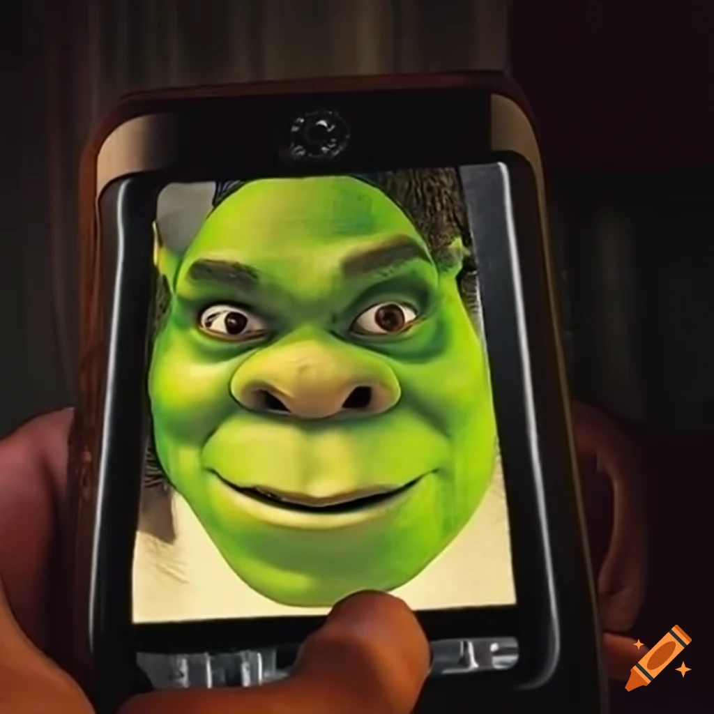 Person taking a picture of shrek with a phone