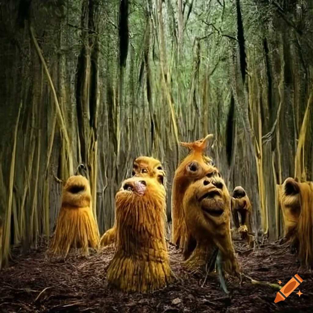 Artwork of humanoid tree figures in a colorful forest