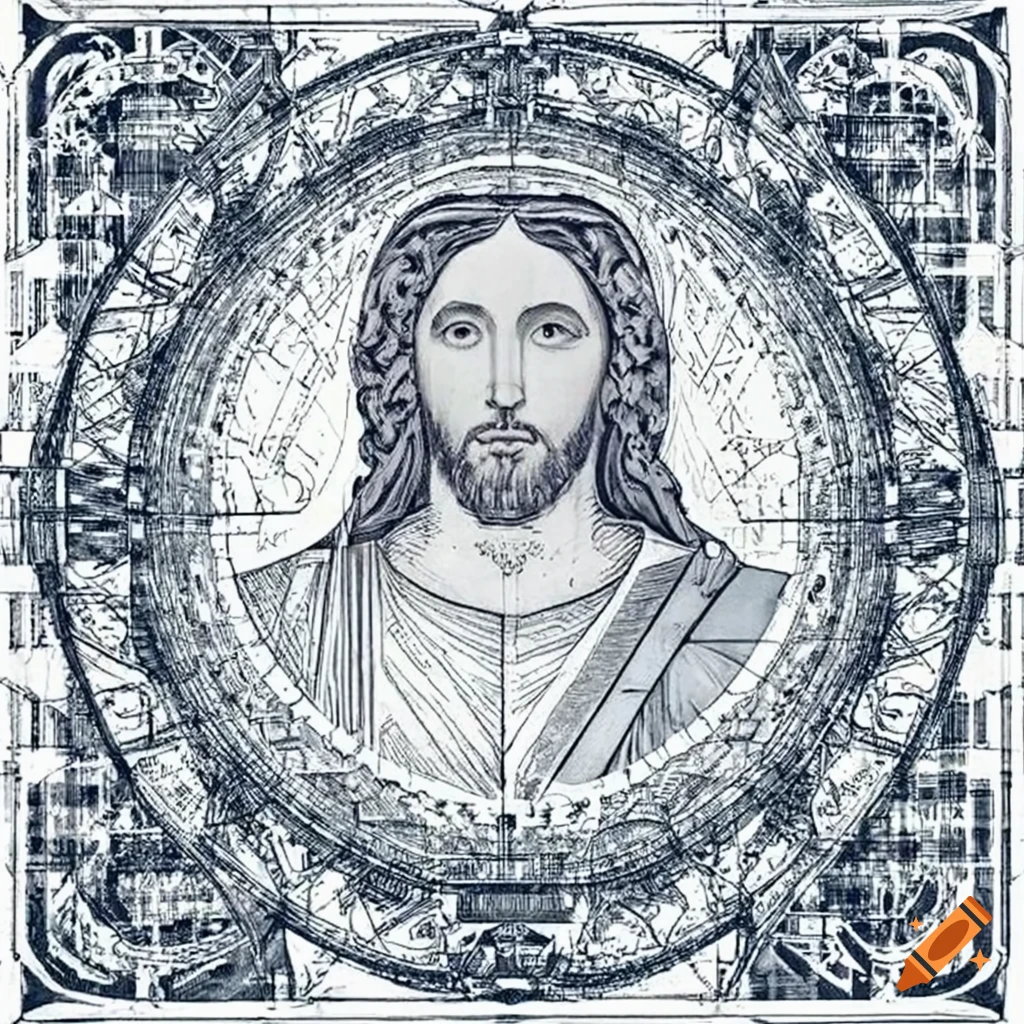 Architectural blueprint of jesus's face