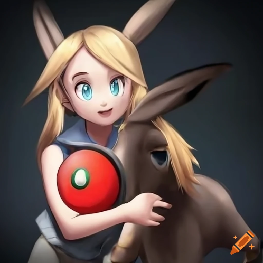 Blonde girl pokemon trainer throwing pokeball at donkey on Craiyon