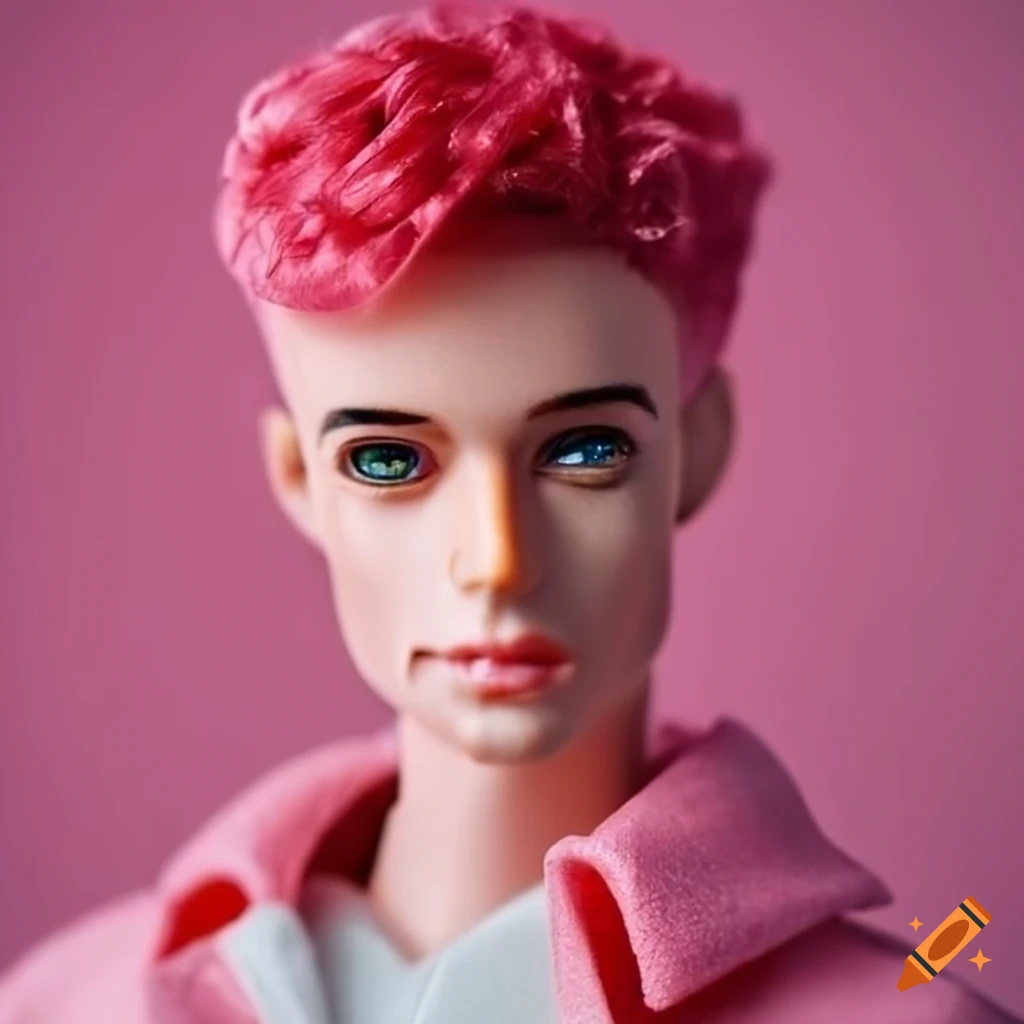 Closeup of a stylish male doll in pink and red on Craiyon