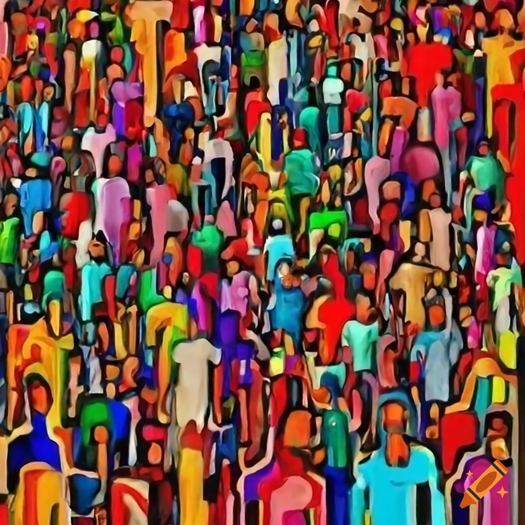 Mosaic painting of a crowd in a maze