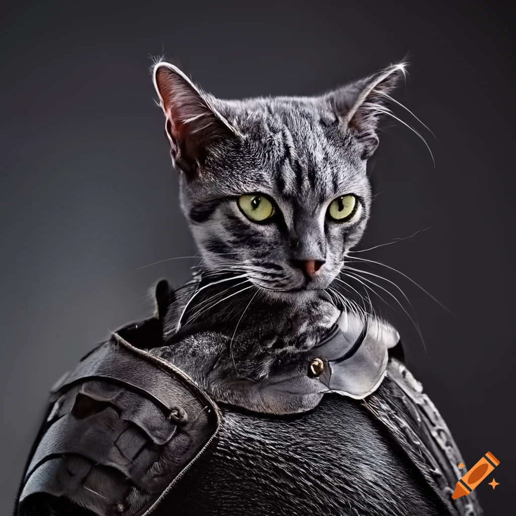 Cat wearing armor with a bull shield