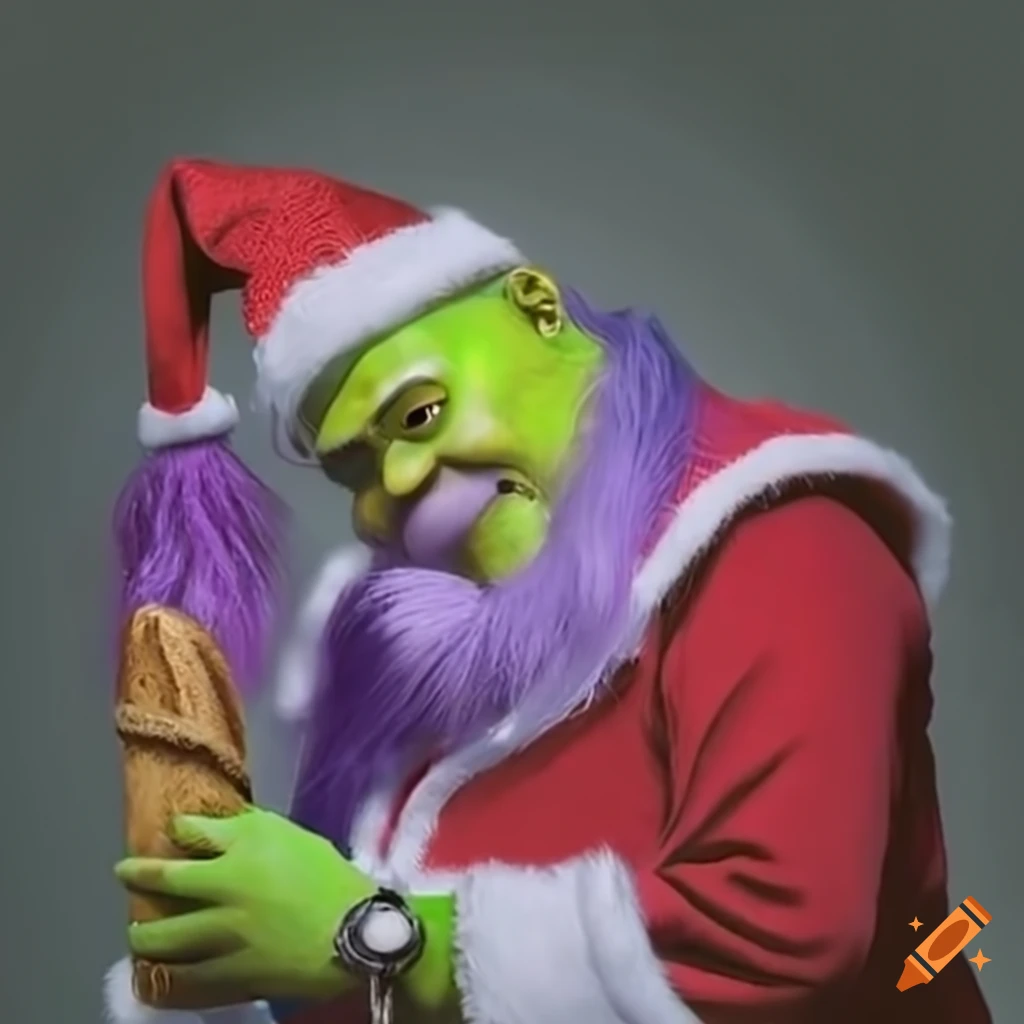 Humorous christmas card with shrek dressed as santa on Craiyon