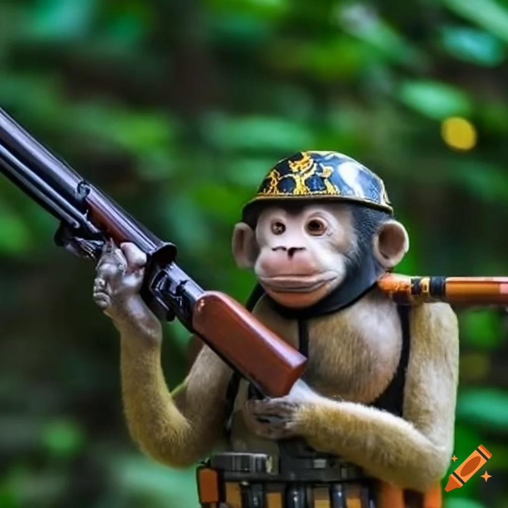 Concept art of a heroic monkey soldier with a shotgun