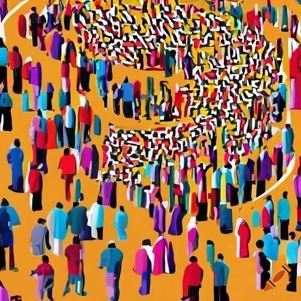 Abstract mosaic painting of people in a maze on Craiyon