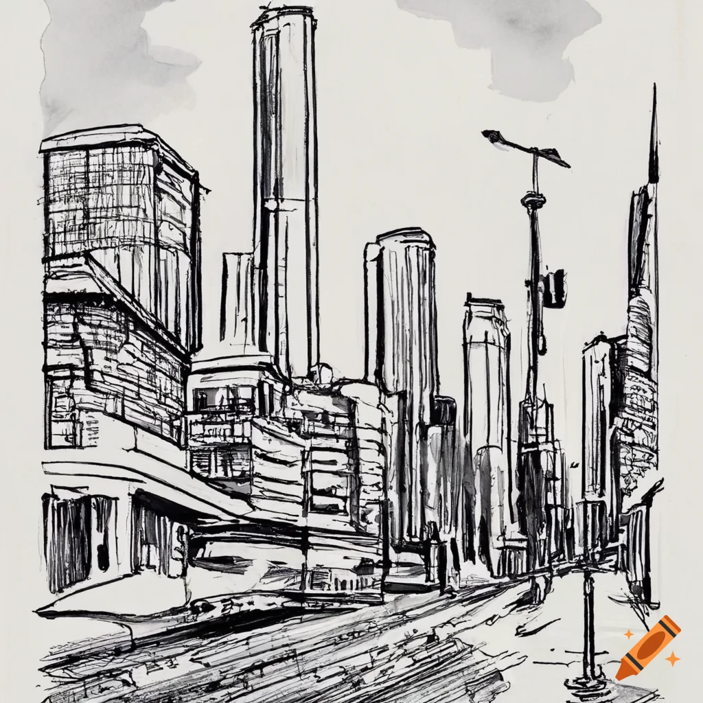 Ink drawing of a street scene in toronto