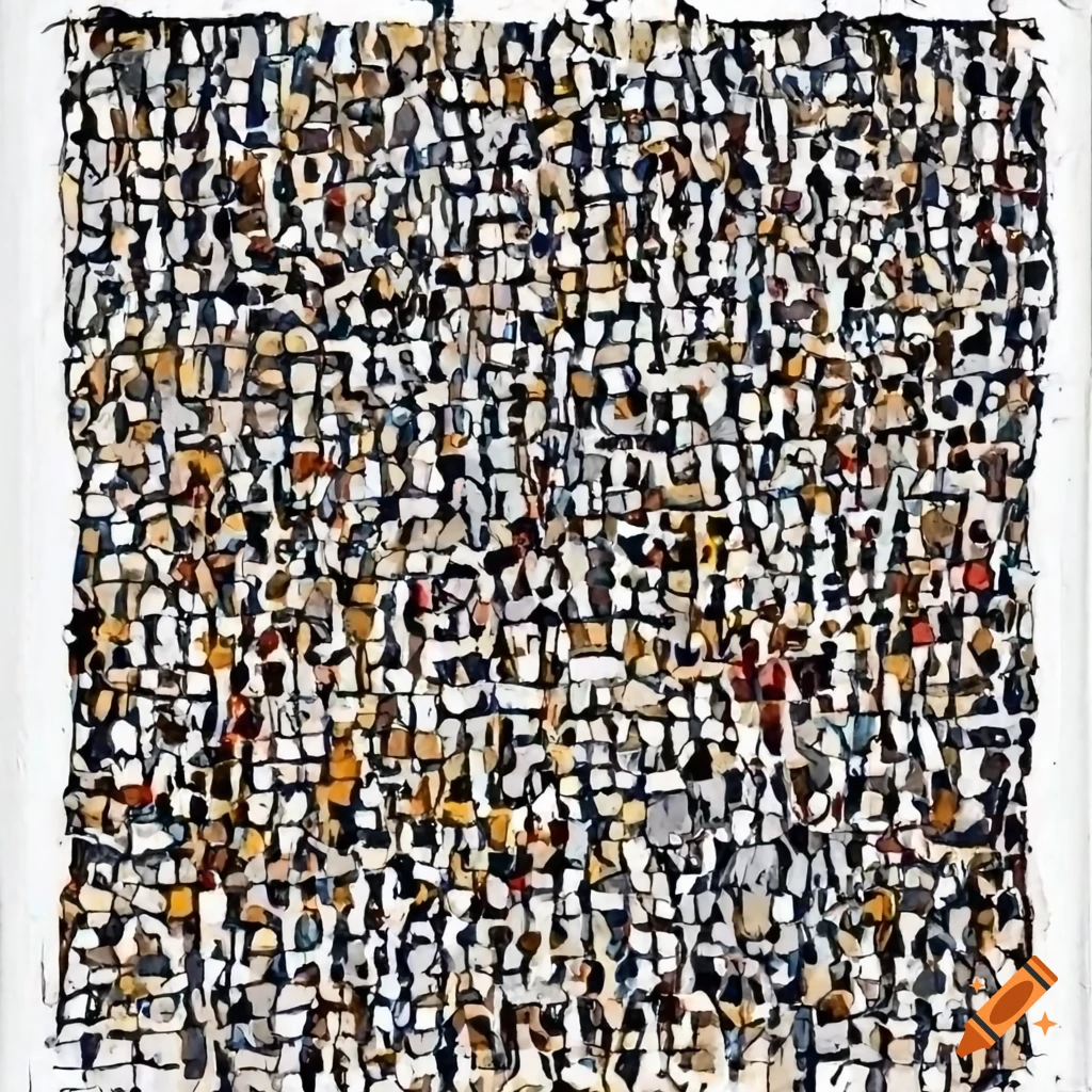 Mosaic painting of a crowd in a maze