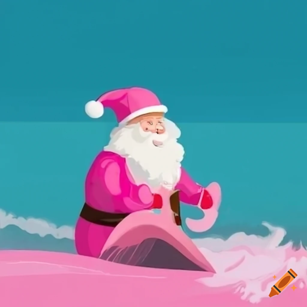 Pink santa claus surfing on a wave