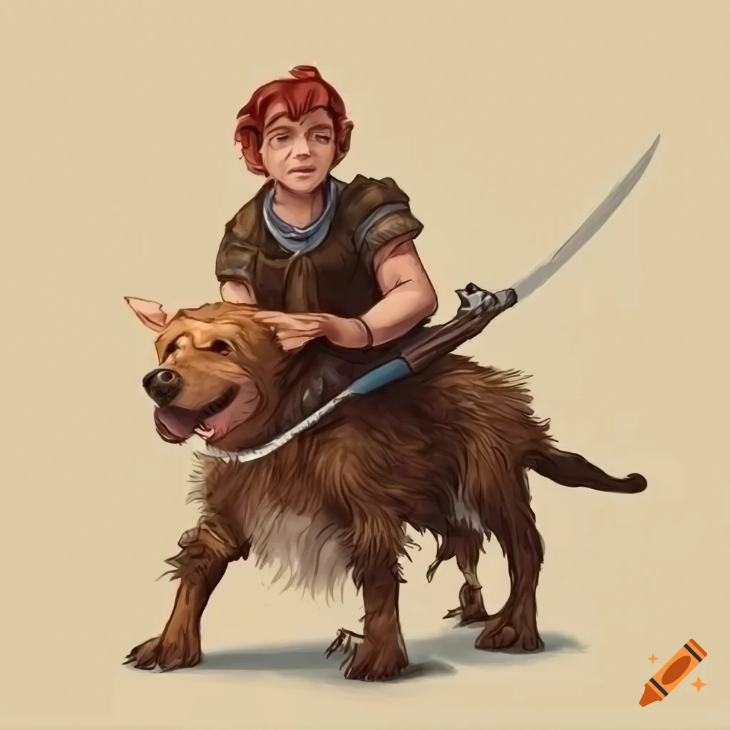 Illustration of a male halfling riding a dog on Craiyon