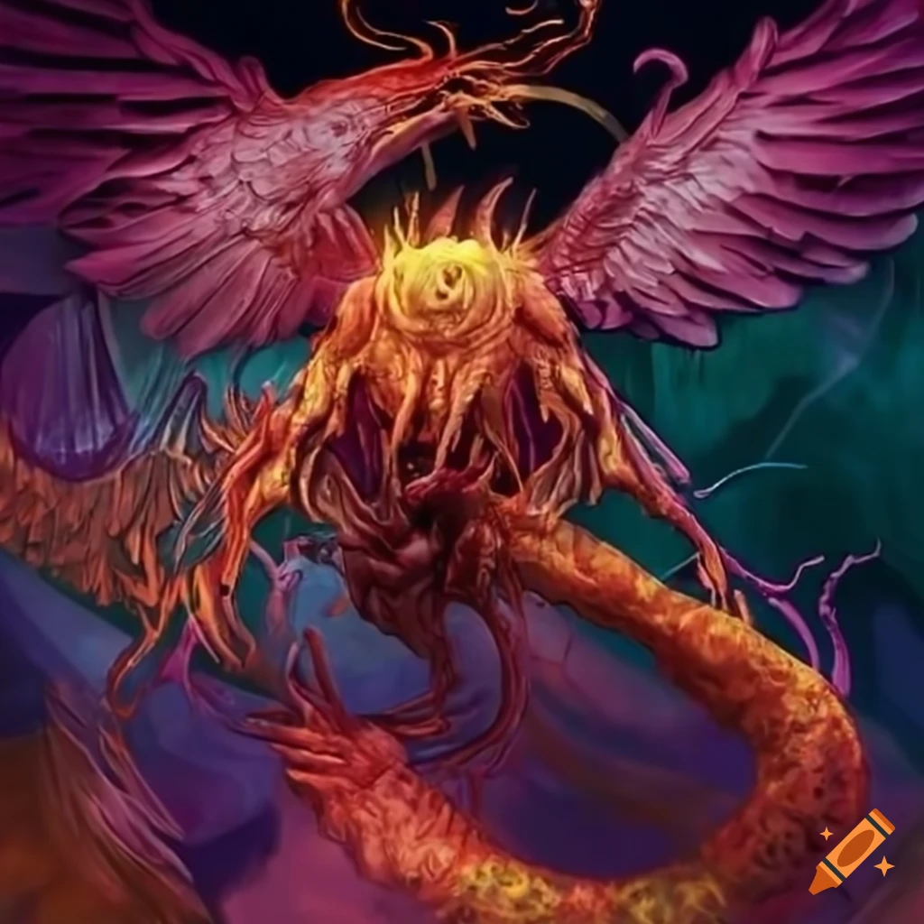 Art of a colorful eldritch horror with multiple heads and wings on Craiyon