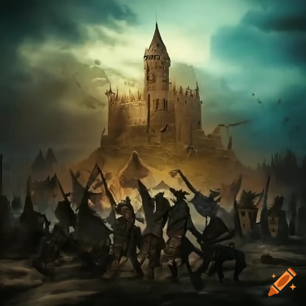 Fantasy castle under attack by soldiers