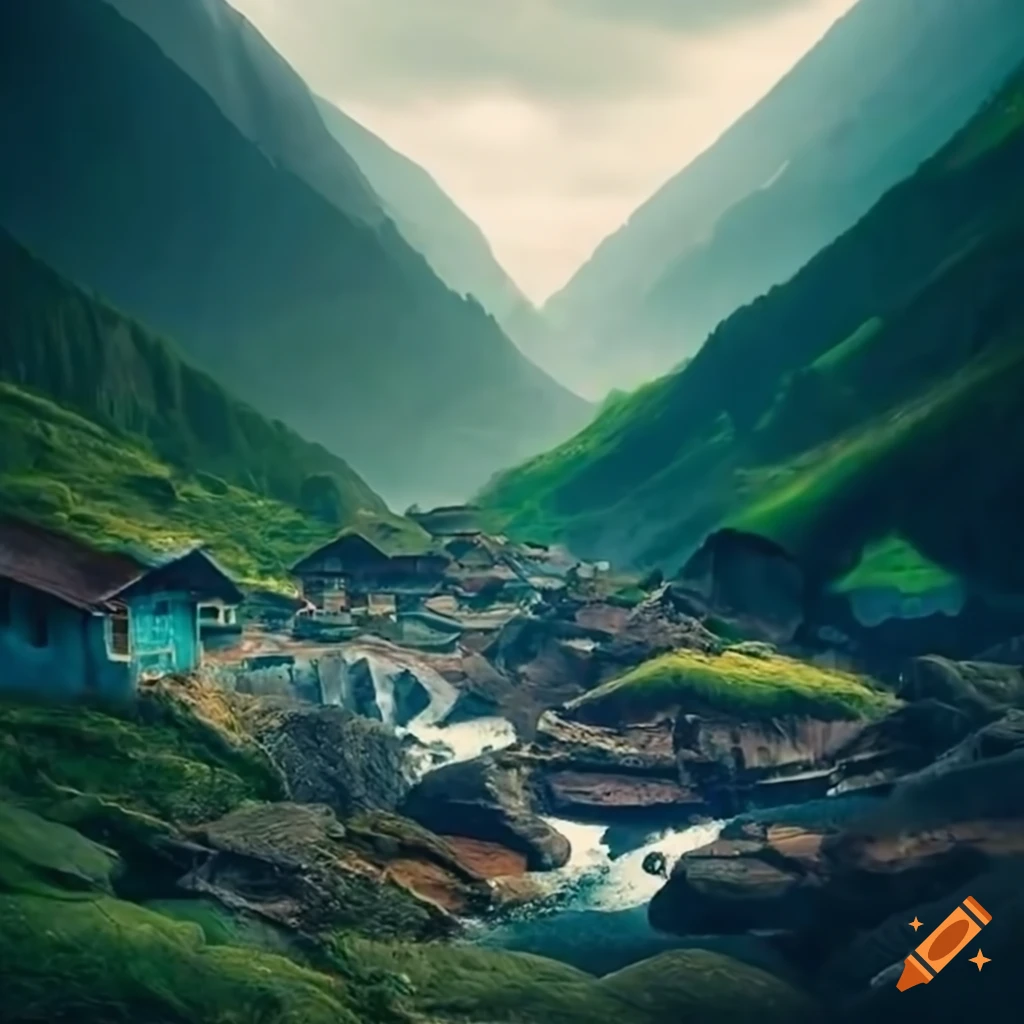 Scenic view of a remote village nestled in the mountains on Craiyon