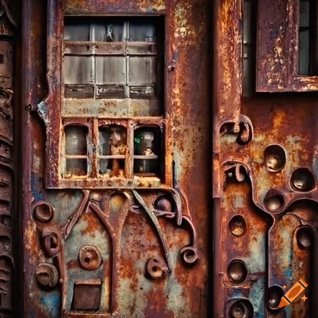 Artistic depiction of rusted metal house with many windows