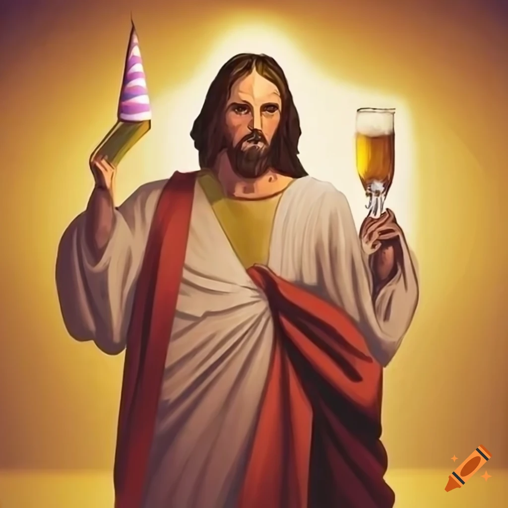 Satirical image of jesus with beer on his birthday
