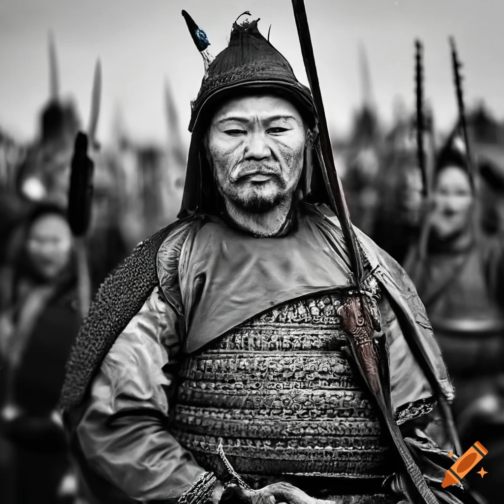 Black and white portrait of a mongol warrior