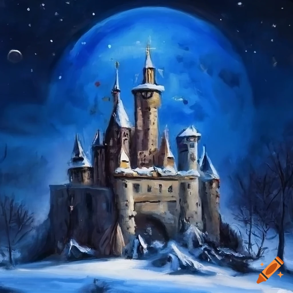 Oil painting of a castle under a winter moon