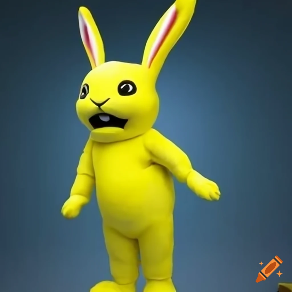 Hilarious yellow rabbit mascot trying to fit through a small door