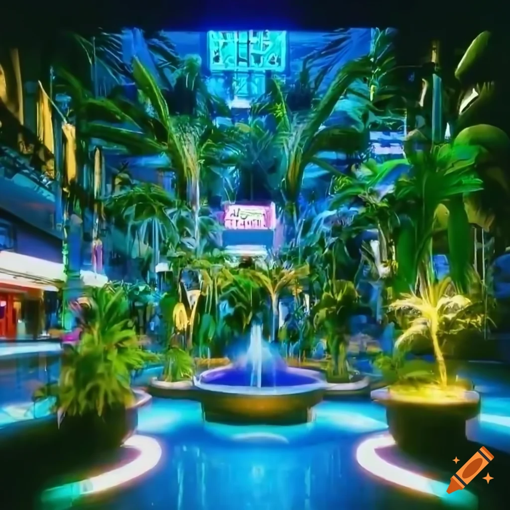 Neon-lit mall interior with jungle plant and fountain on Craiyon