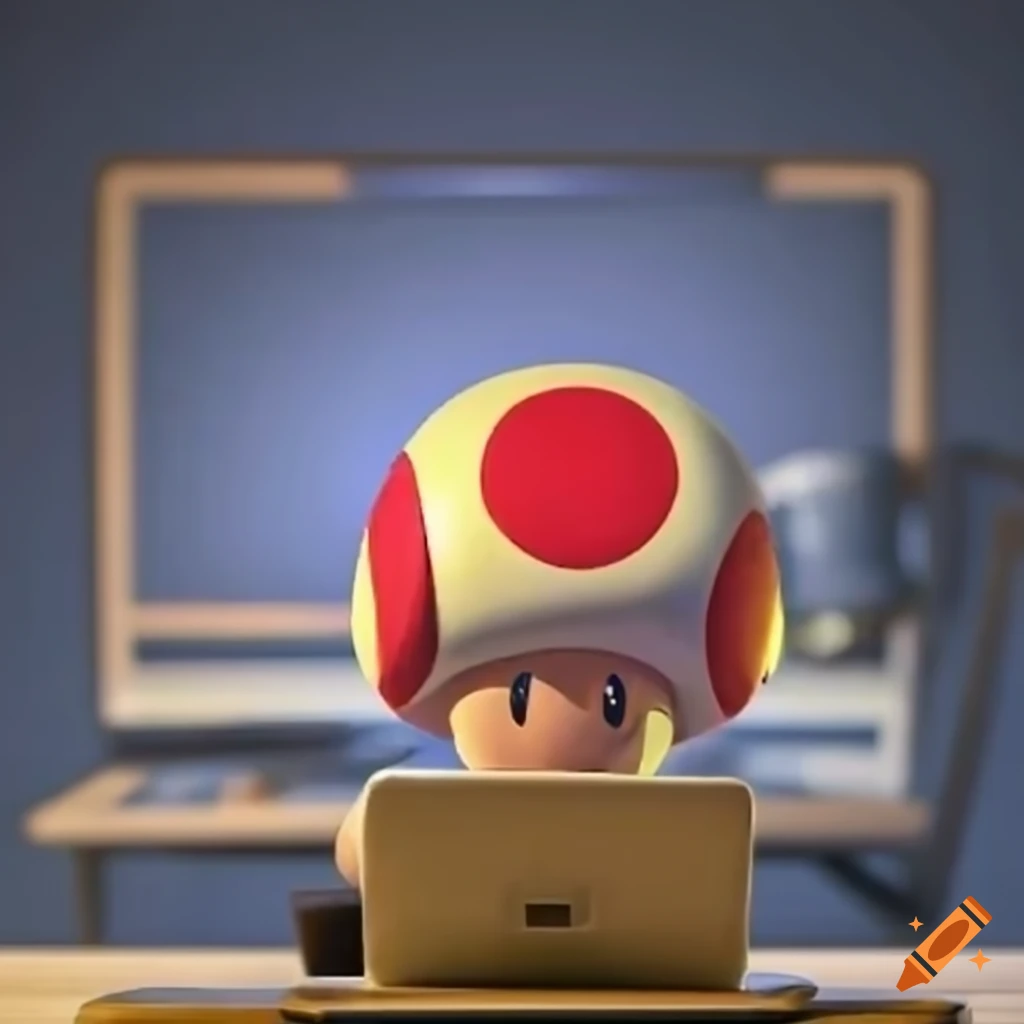 Toad from Super Mario using a laptop at a desk on Craiyon