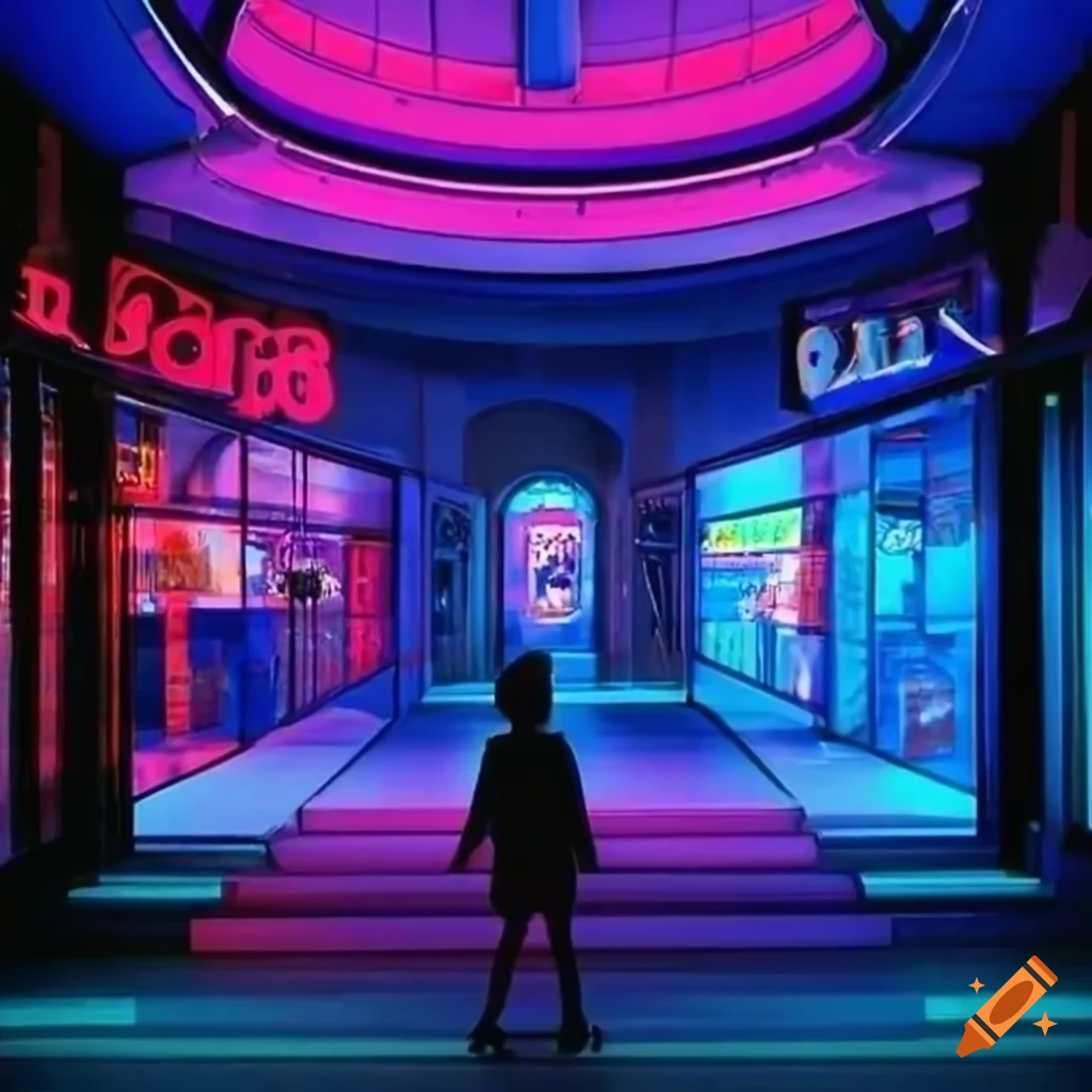 Neon lights in a 90s mall interior