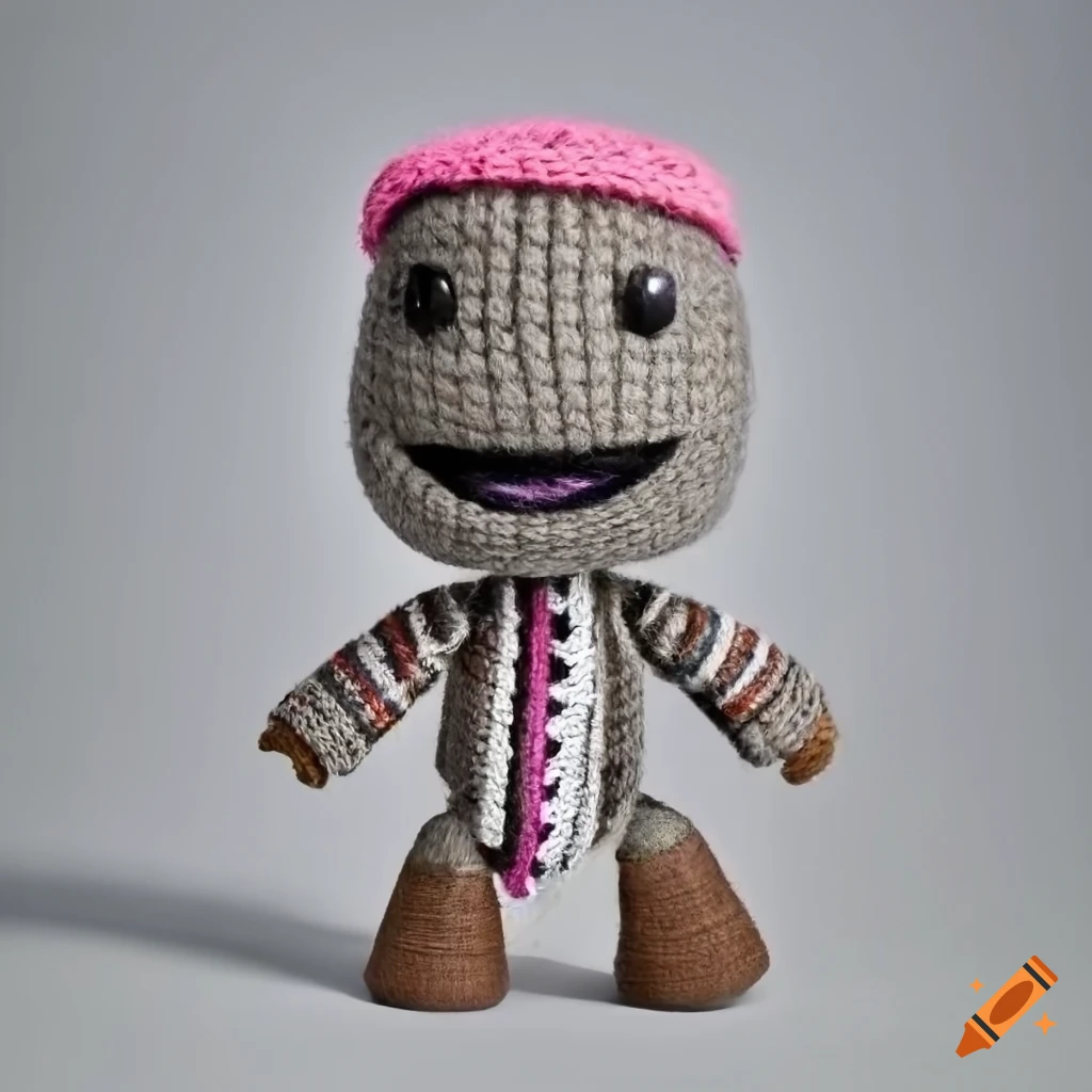 Pink and grey sackboy doll jumping in tribal tunic on Craiyon
