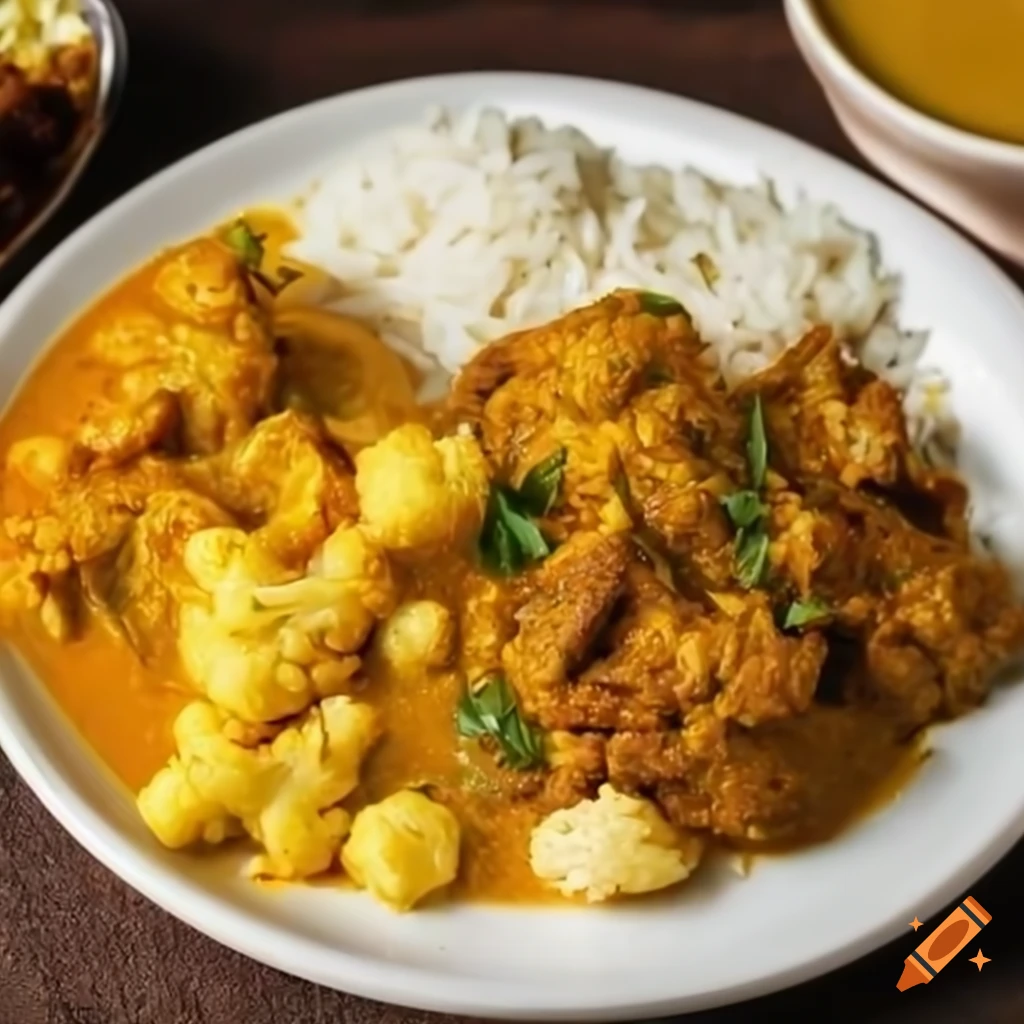 Delicious plate of rice, dhal, chicken curry, and cauliflower on Craiyon