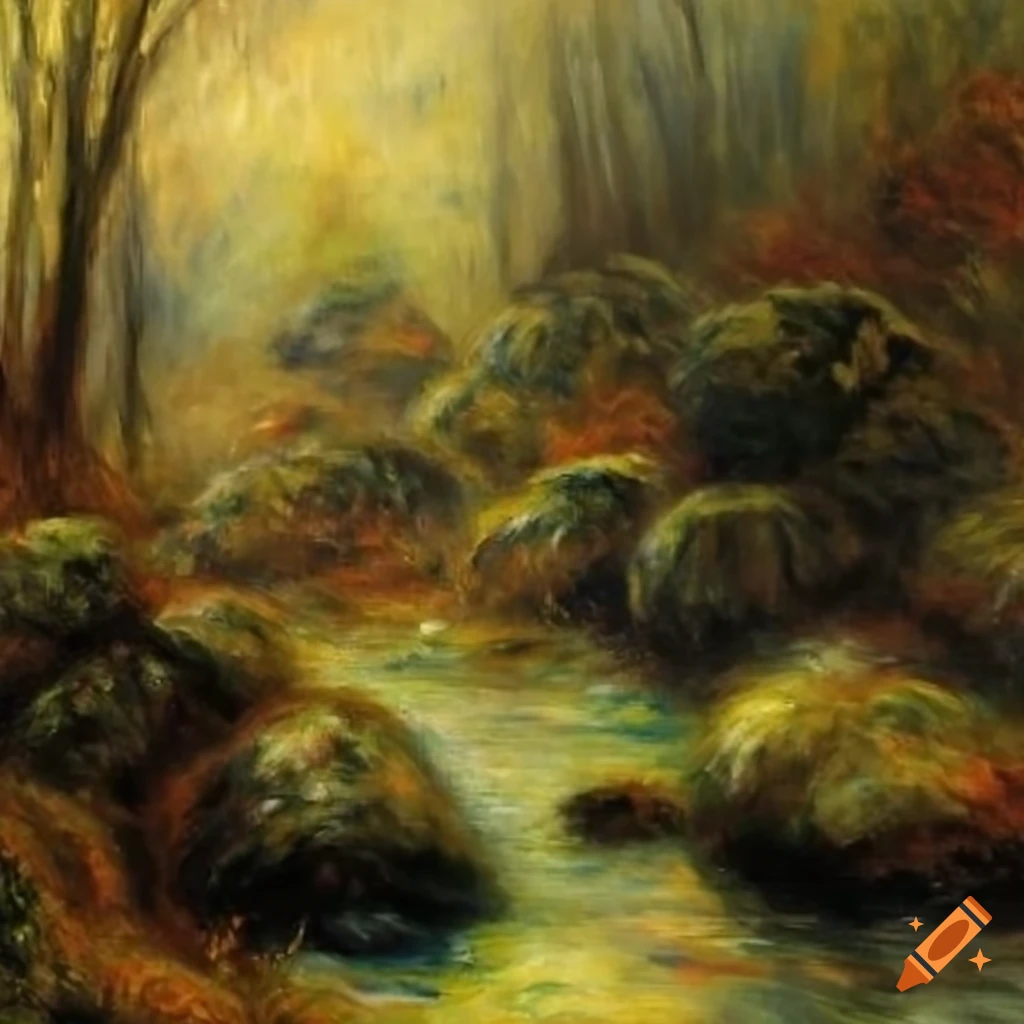 Oil painting of misty forest with mossy stones