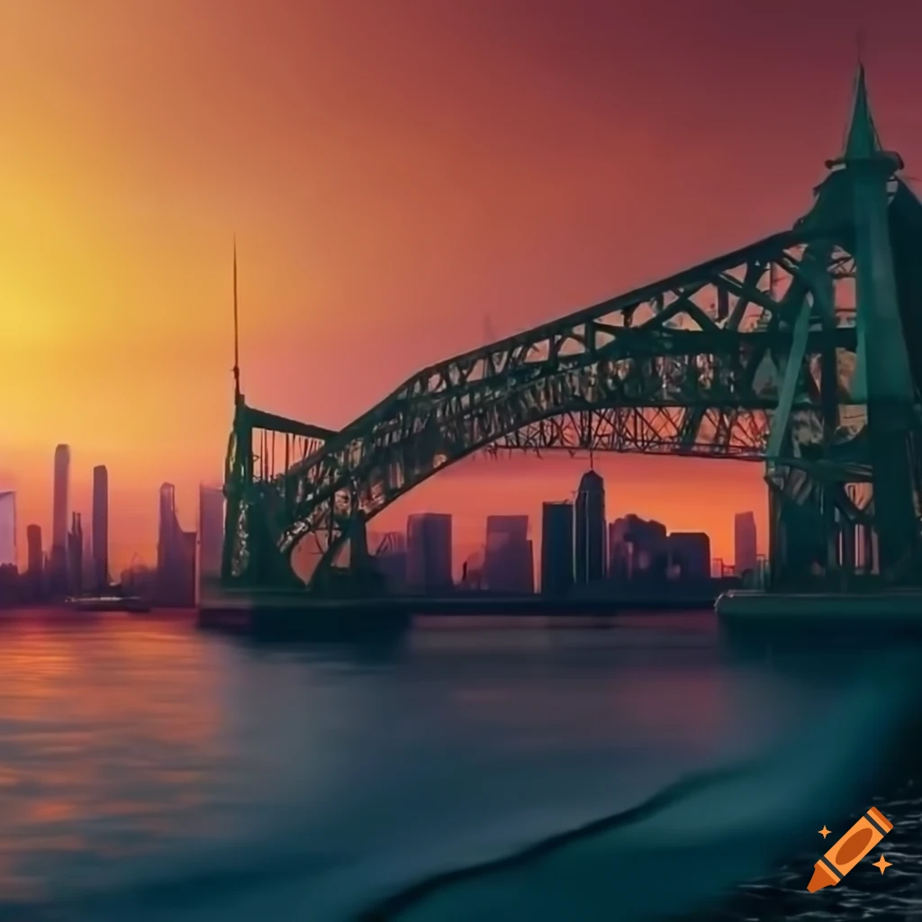 Sunset view of a truss bridge over a river