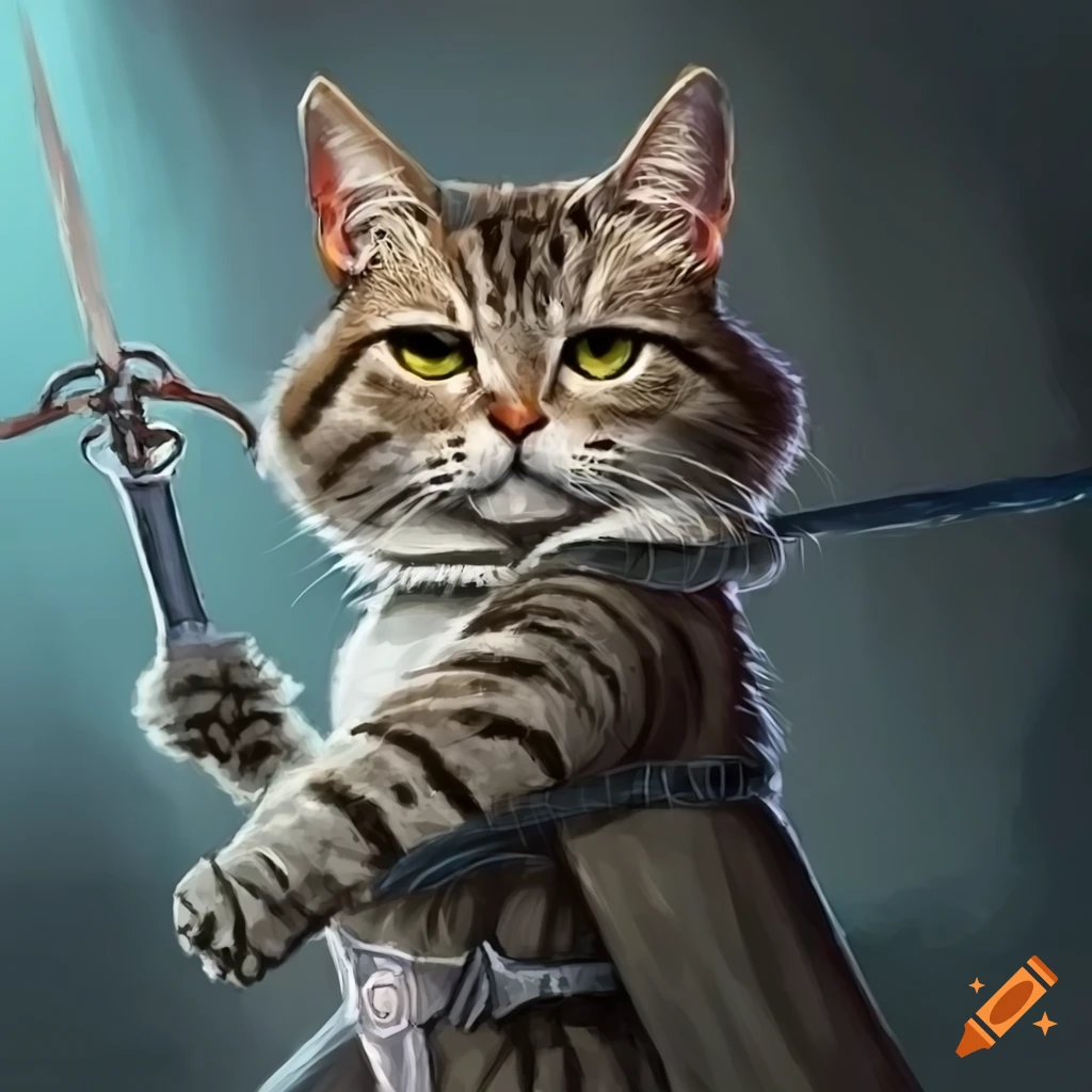 Fantasy D&D character of a silver tabby cat rogue with a rapier on Craiyon
